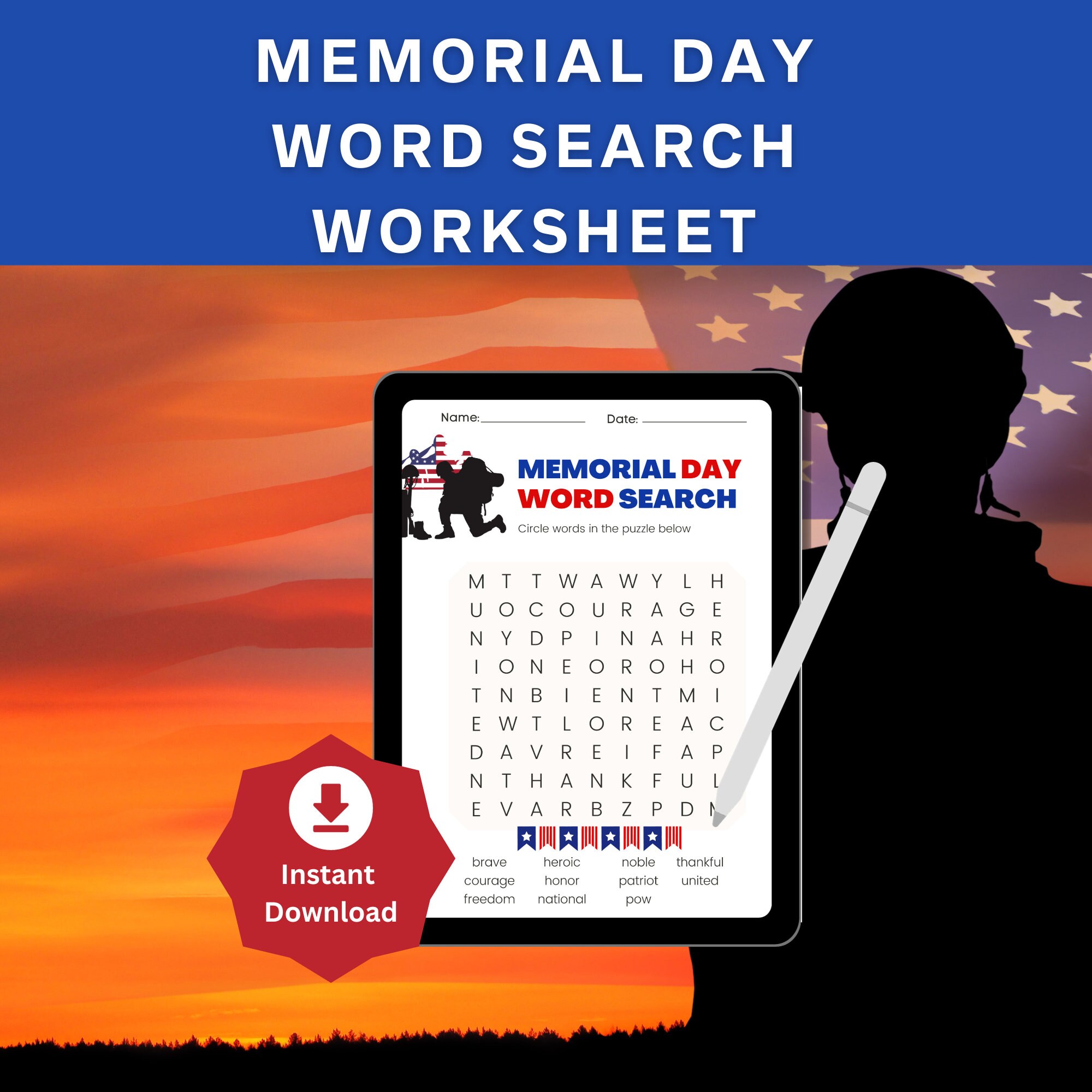 Memorial Day Word Search Printable, Kids Holiday Activity (digital ...