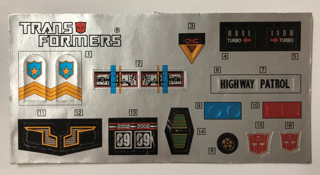 Transformers G1 Prowl Stickers New for Vintage Autobot Toy Robot Decals ...