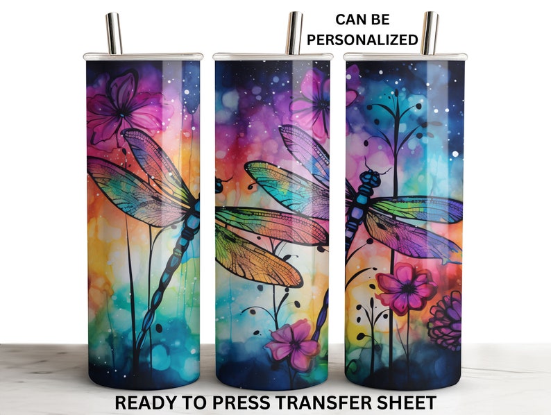 Dragonfly, Watercolor, Flowers, Ready to Press Tumbler Transfer ...