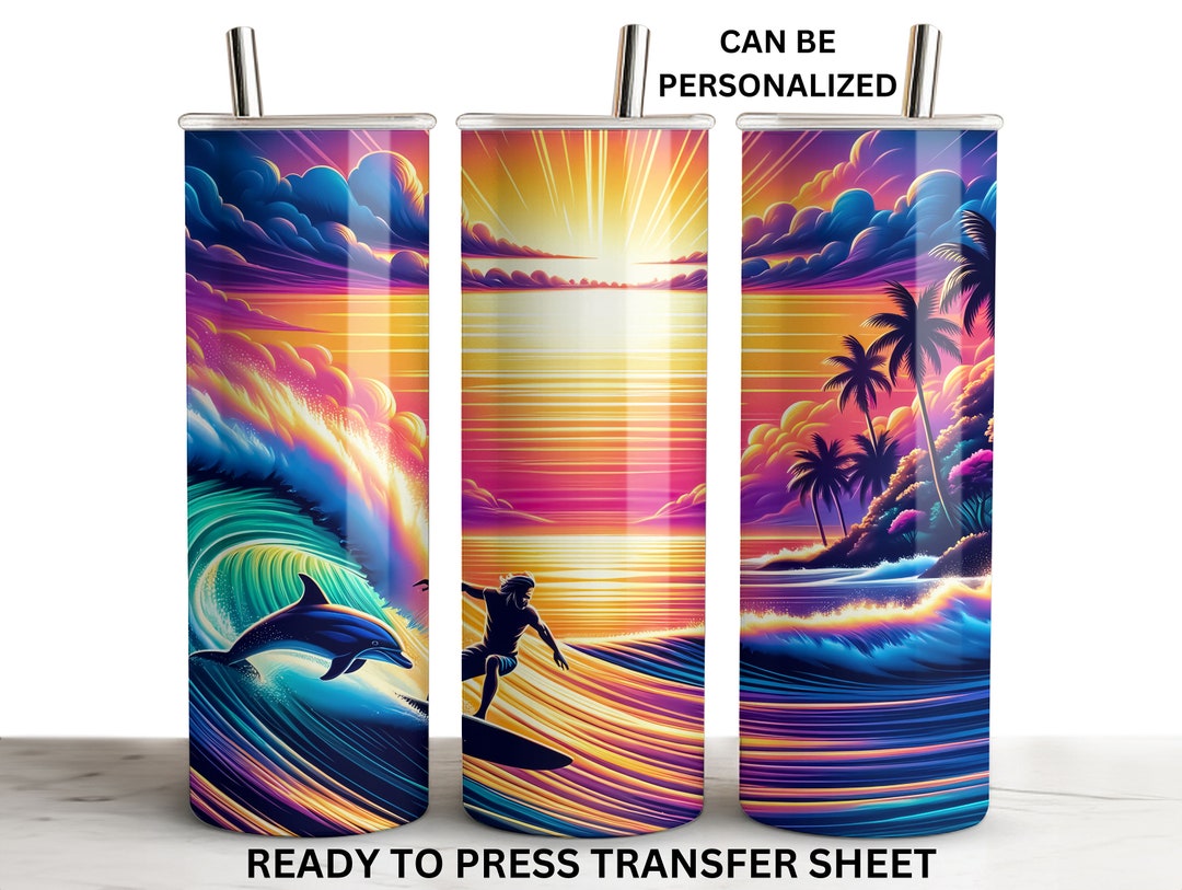 Surfing Waves, Dolphin, Beach Sunset, Neon, Ready to Press Tumbler ...