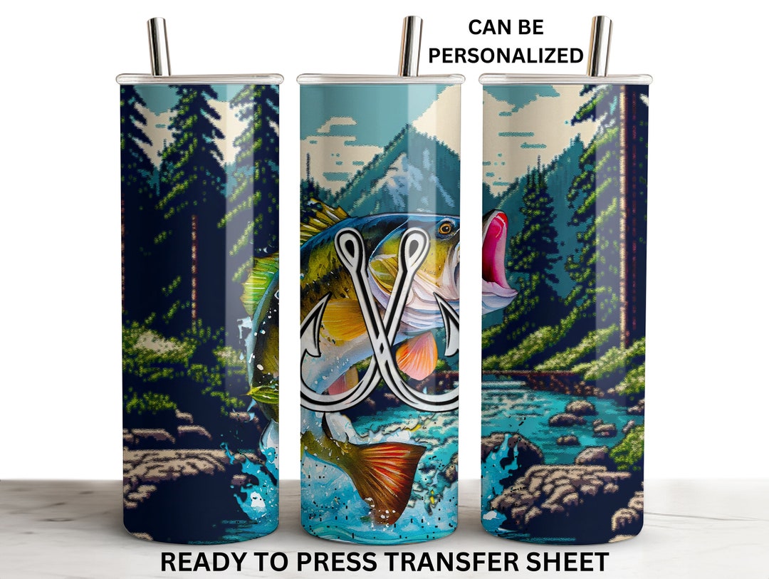 Bass Fishing Tumbler Wrap, Fish Hooks & Mountain Stream, 20oz Skinny ...