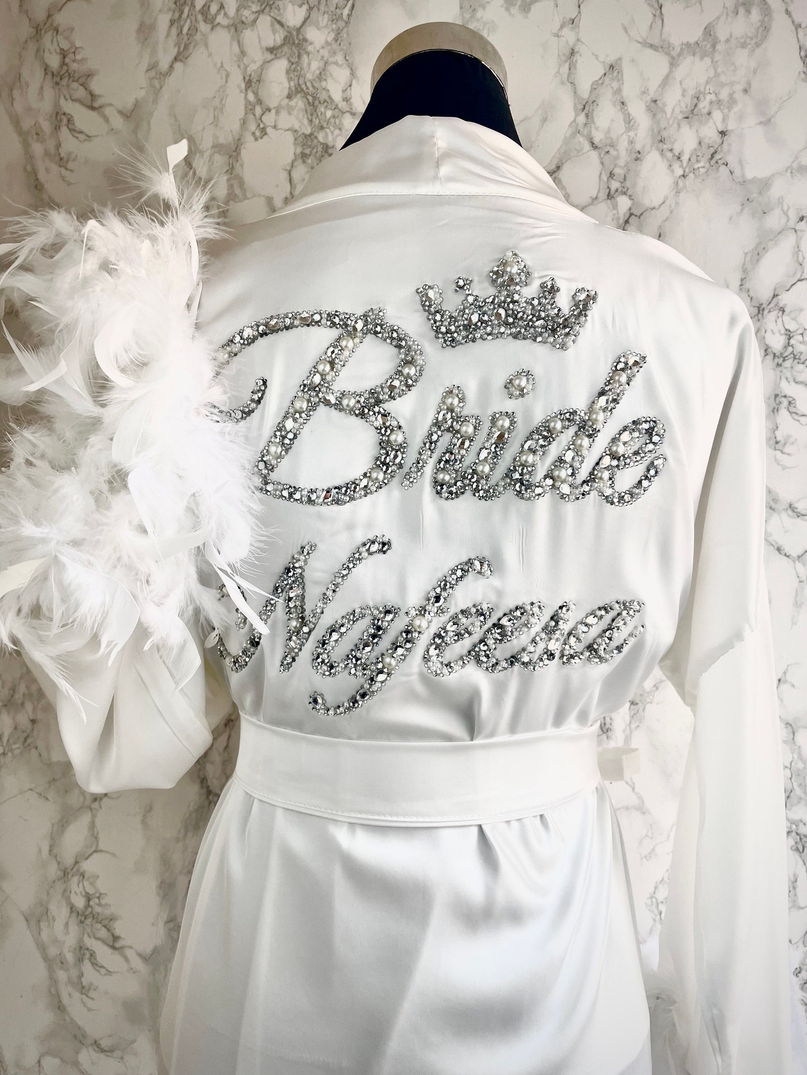 Custom Bridal Robe: White Silk, Pearls, Rhinestones, Feathers - Etsy