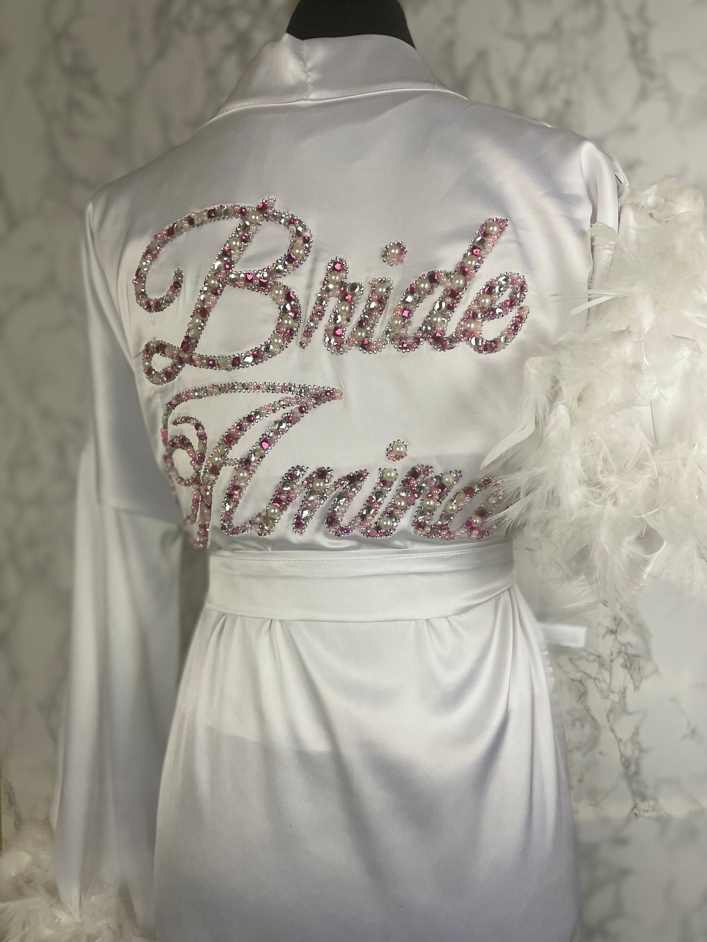 White Silk Bride Robe Personalized With Crystals and Pearls Handmade ...