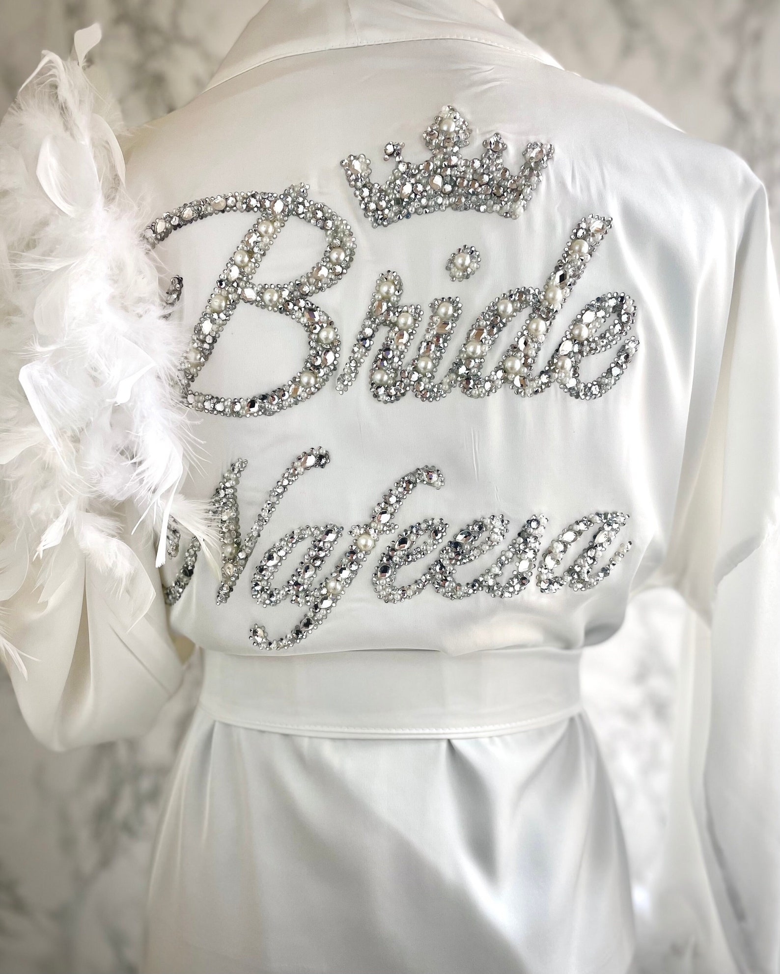 Custom Bridal Robe: White Silk, Pearls, Rhinestones, Feathers - Etsy
