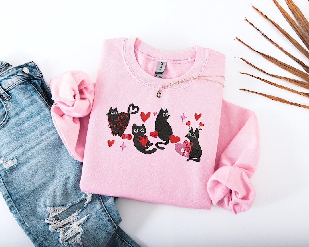 Embroidered Cute Cat Sweatshirt, Valentines Day Cat Shirt, Embroidered ...