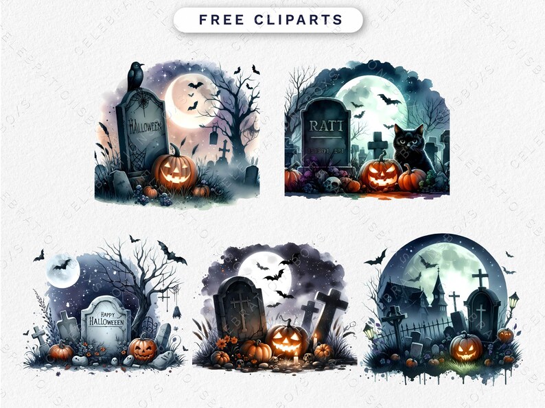 Halloween Graveyard Clipart, Watercolor Graveyard Clipart, Spooky ...