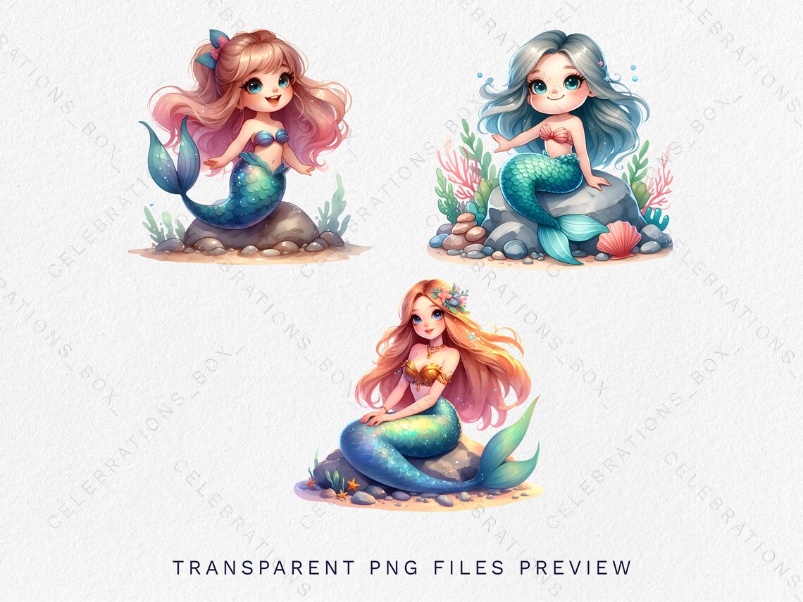 Watercolor Mermaid Clipart Bundle Mermaid Tail in Underwater Sea ...