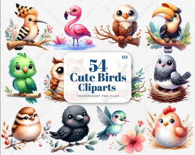 Cute Birds Clipart, Adorable Cute Bird Clipart Bundle, Jungle Birds on ...