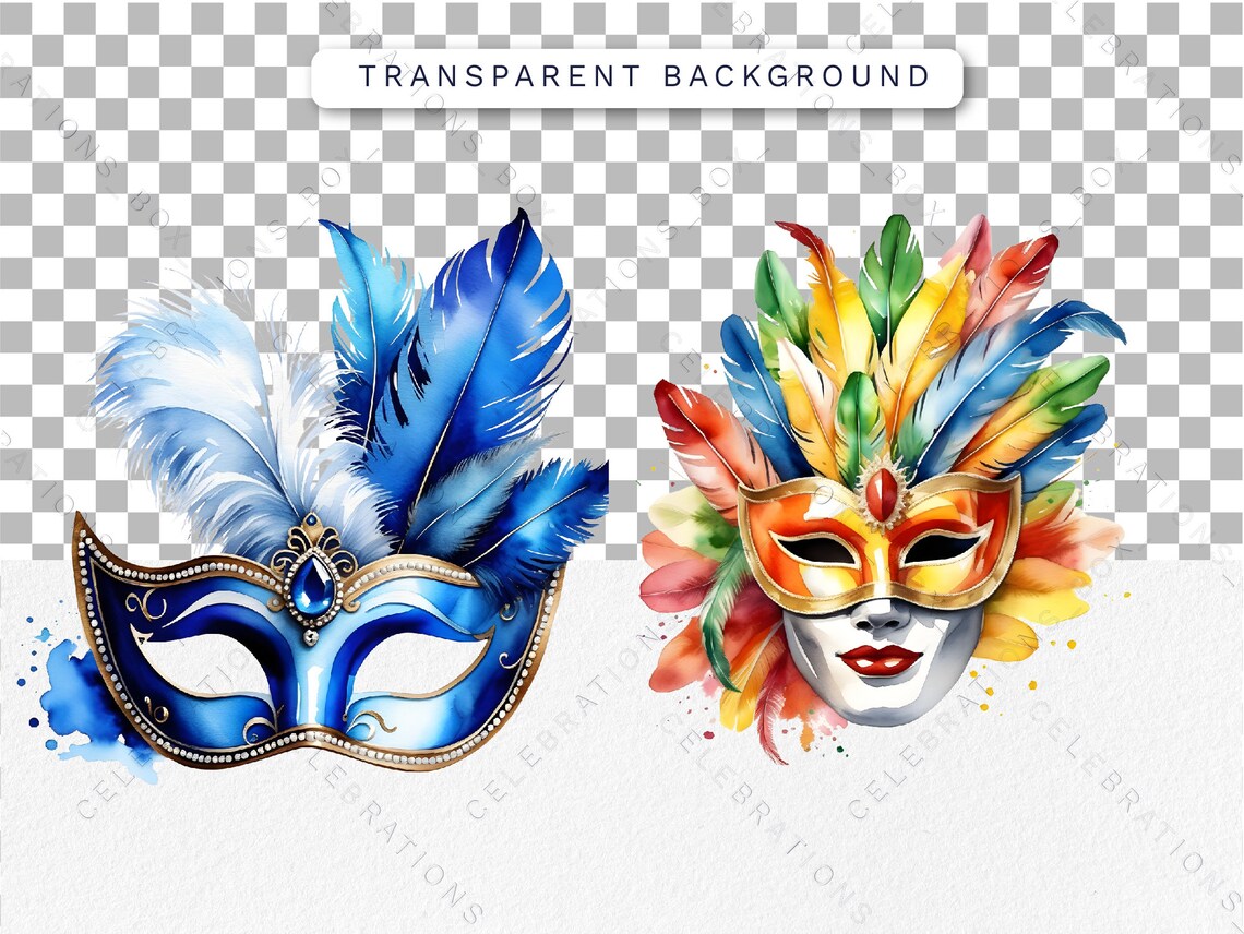 Carnival Collection of Venetian Masquerade Masks Watercolor Digital ...