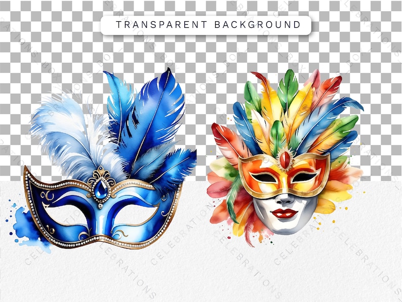 Carnival Collection of Venetian Masquerade Masks Watercolor Digital ...