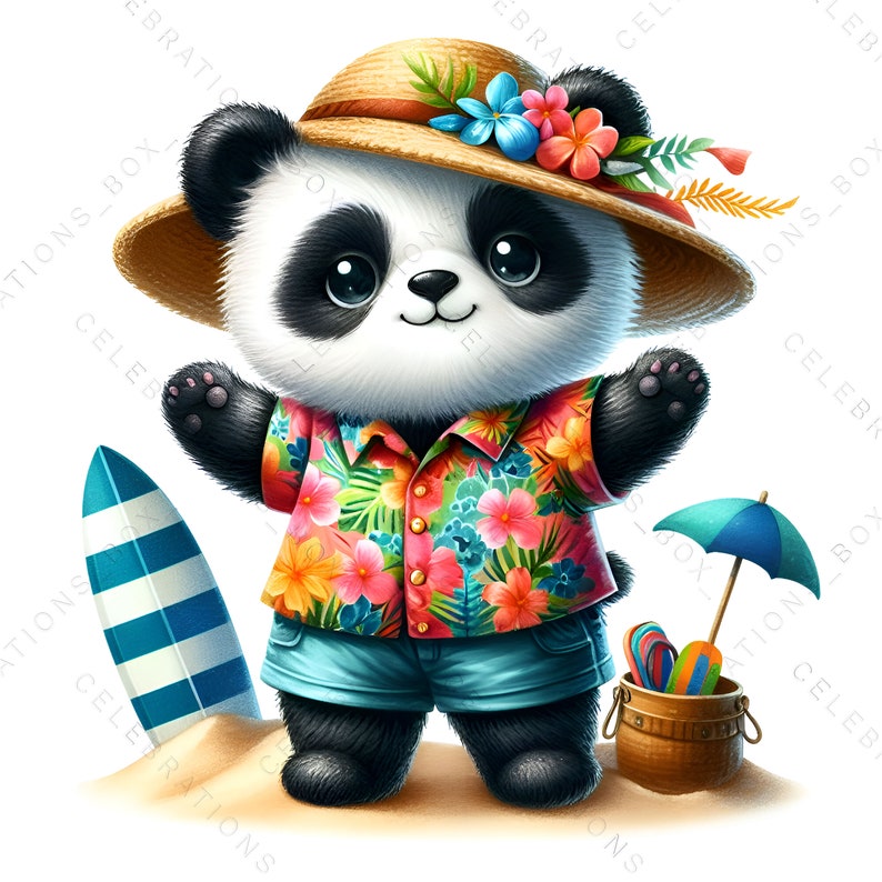 Watercolor Summer Animals Clipart, Panda Clipart, Summer Beach PNG ...