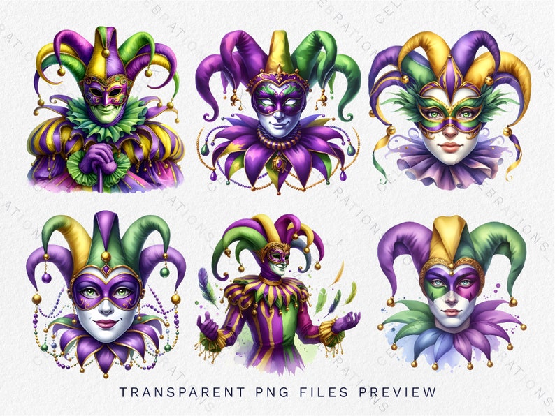 Watercolor Mardi Gras Jester Clipart, Happy Court Jester Fleur De Lis ...