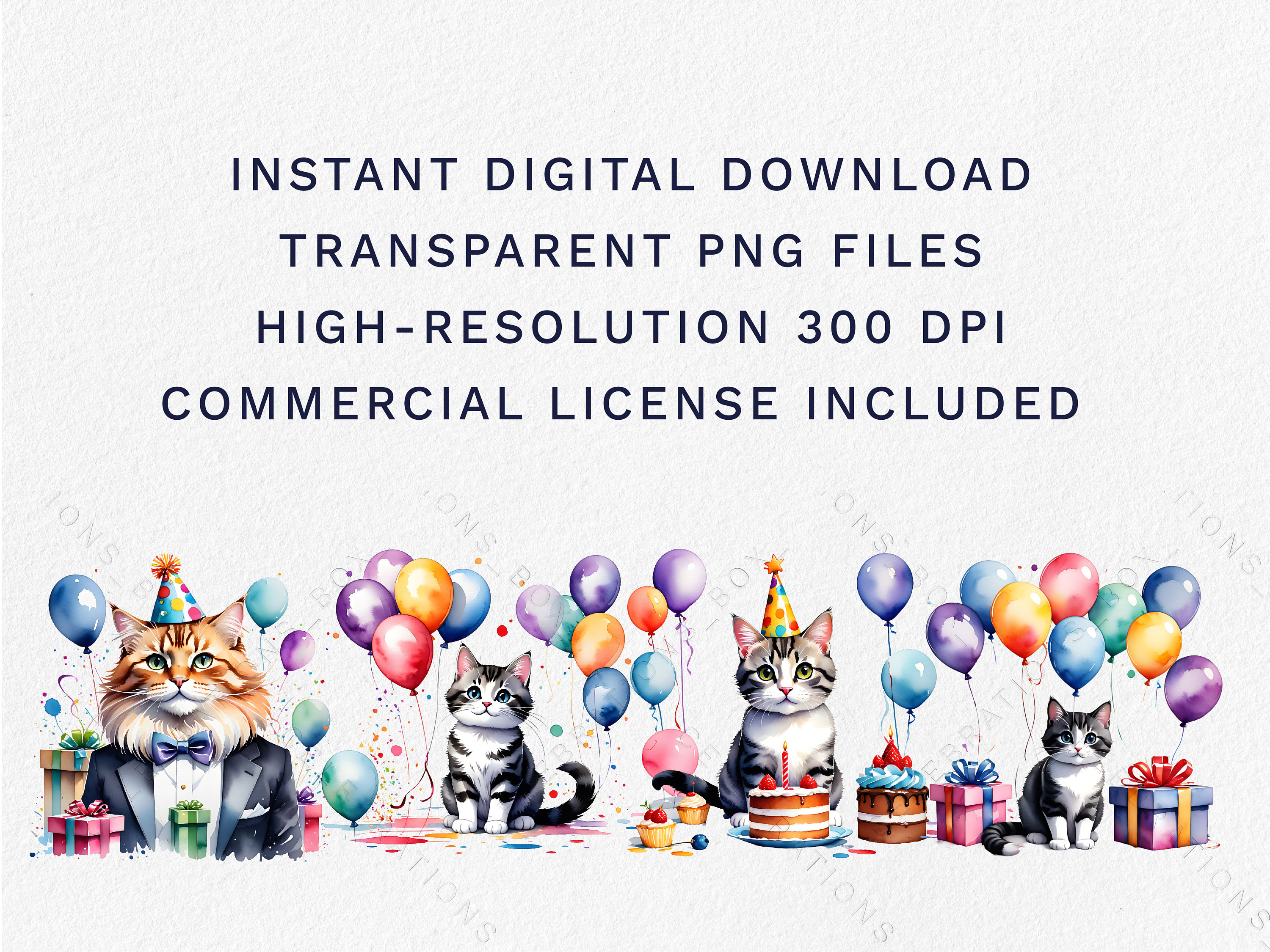 Watercolor Cat Birthday Clipart Graphics Bundle, Cute Kitten Cat ...
