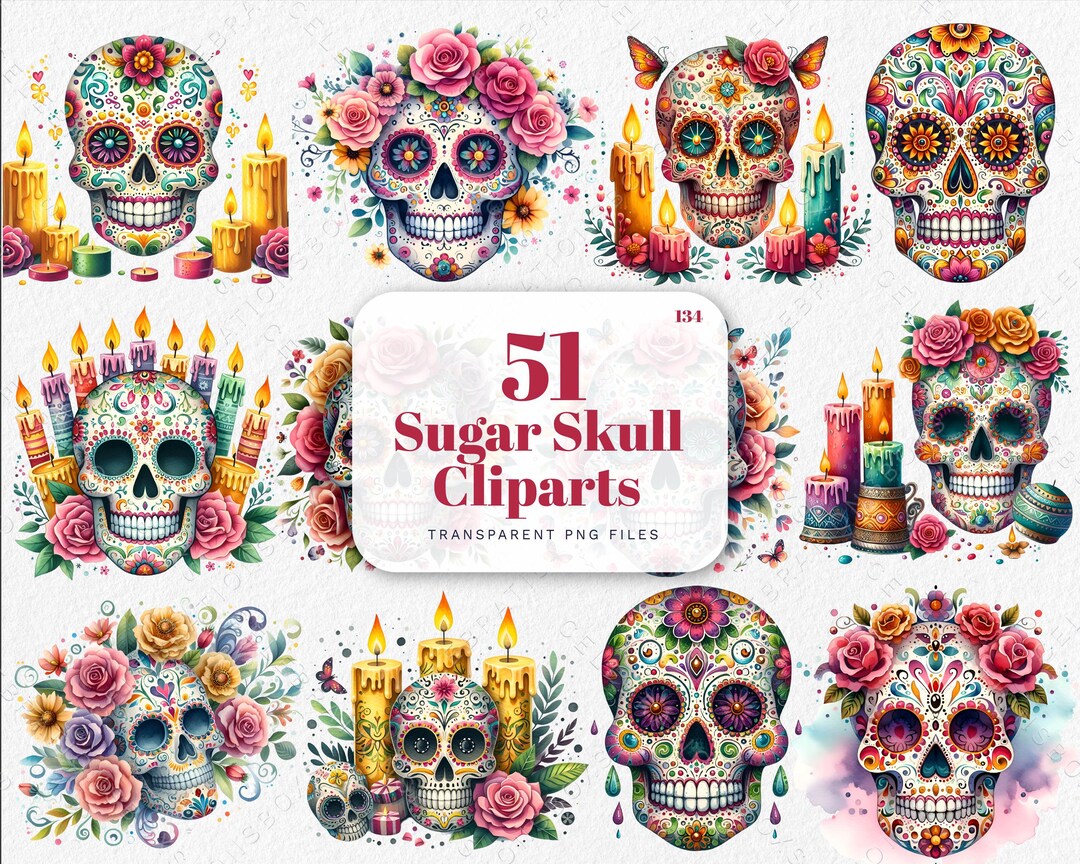 Sugar Skull Clipart, Floral Skull Clipart, Sombrero Clipart, Candy ...