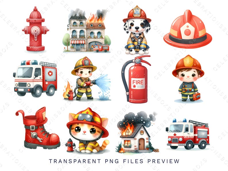 Cute Firefighter Clipart, Watercolor Firetruck Clipart, Helmet ...
