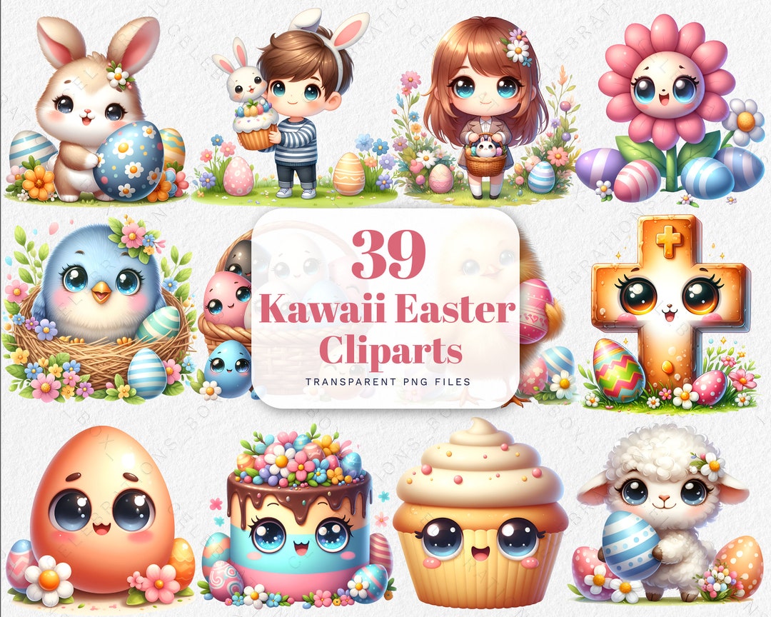 Kawaii Easter Clipart Bundle Cute Boho Printable Easter Bunny PNG Art ...