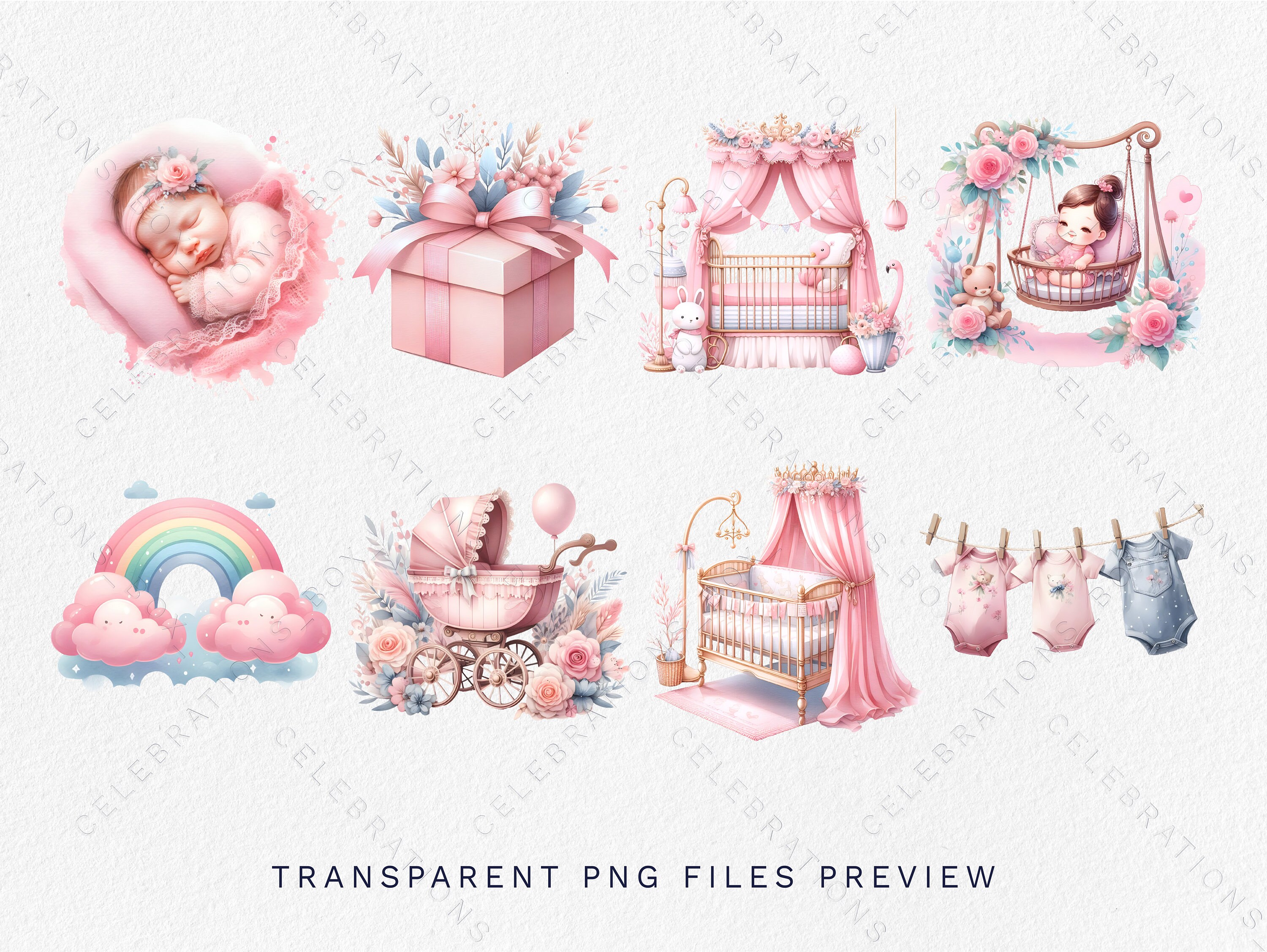 Pink Baby Shower Clipart Watercolor Newborn Gender Reveal Clipart ...