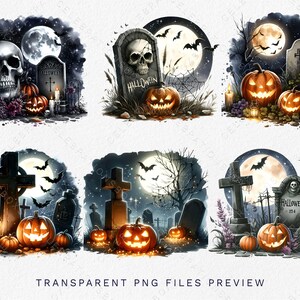 Halloween Graveyard Clipart, Watercolor Graveyard Clipart, Spooky ...