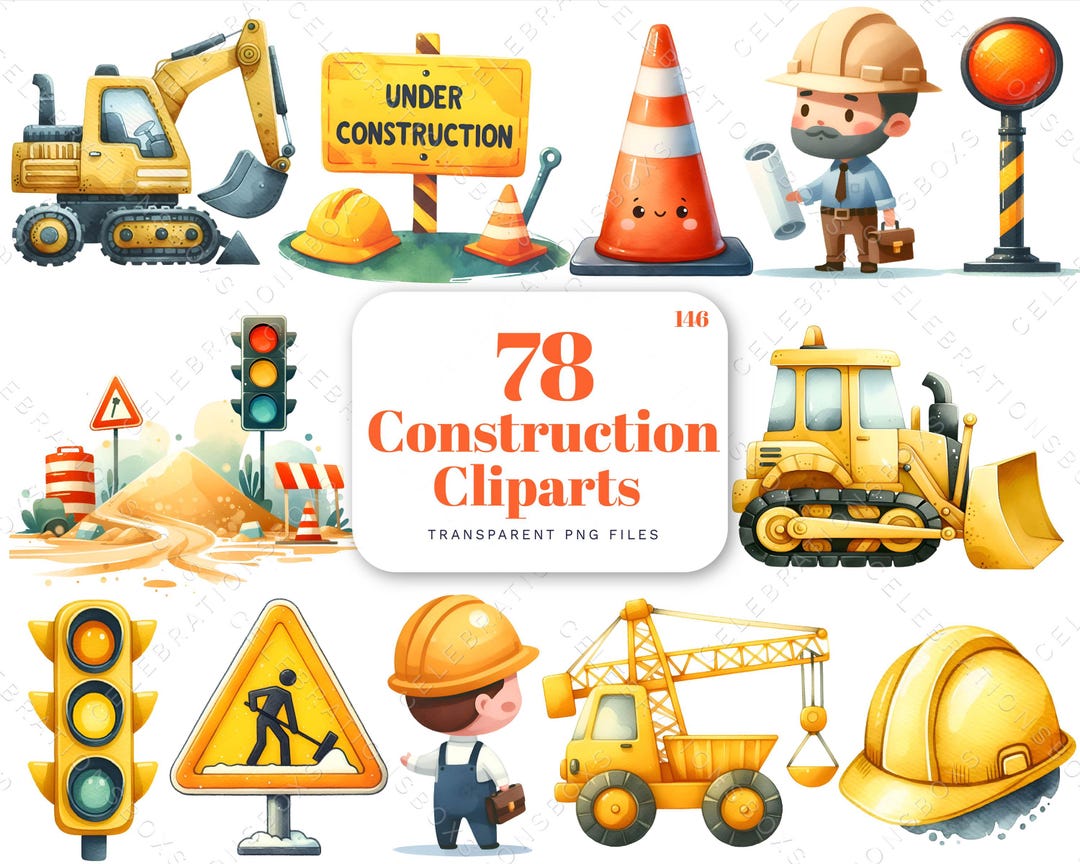 Watercolor Construction Clipart, Construction Vehicles Clipart, Crane ...