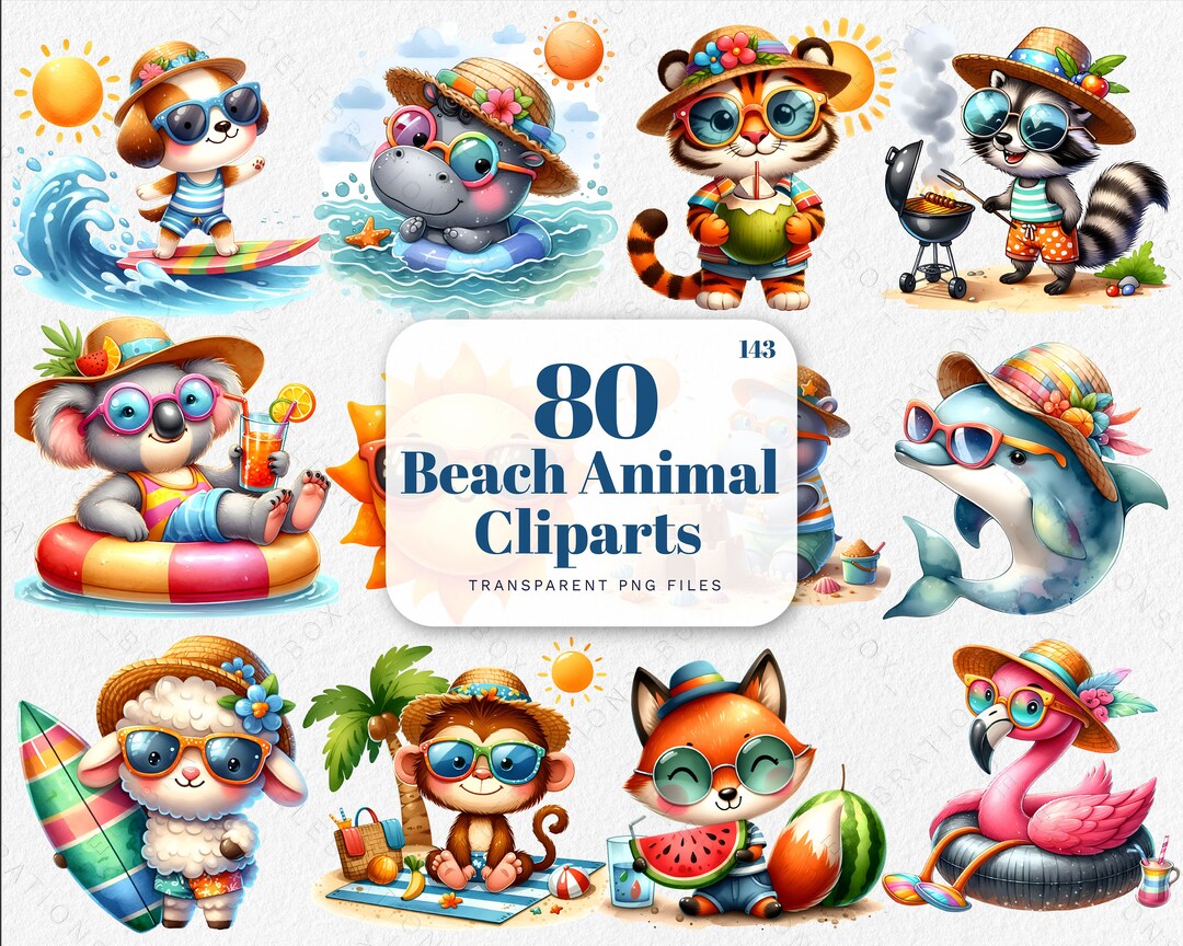 Summer Animals Clipart, Summer Beach PNG, Cute Animals Clipart, Ocean ...