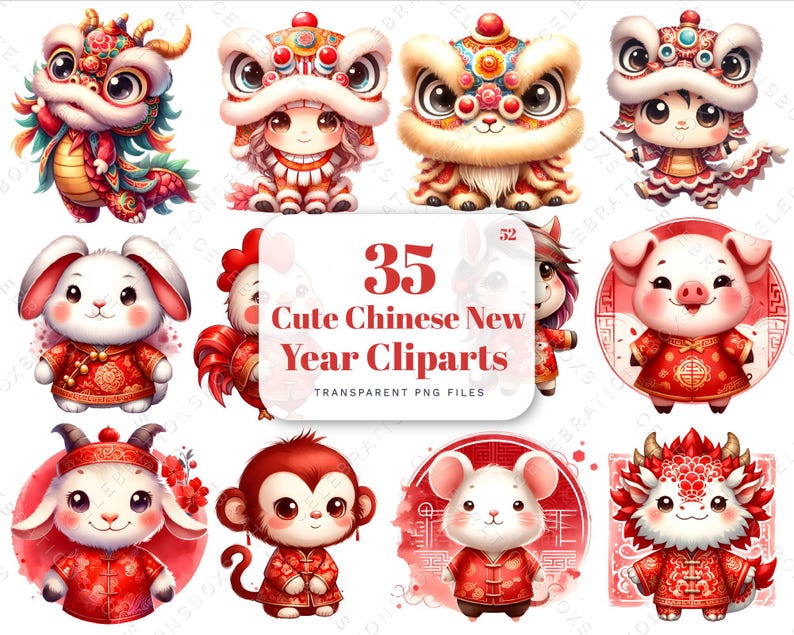 Cute Chinese Lunar Year Clipart, Chinese Zodiac Baby Red Dragon Lion ...