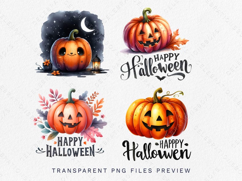 Watercolor Halloween Cute Pumpkin Clipart, Kawaii Pumpkin Clipart, Fall ...