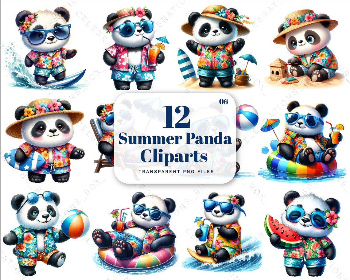Watercolor Summer Animals Clipart, Panda Clipart, Summer Beach PNG ...
