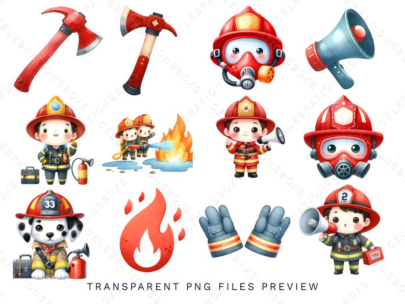 Cute Firefighter Clipart, Watercolor Firetruck Clipart, Helmet ...