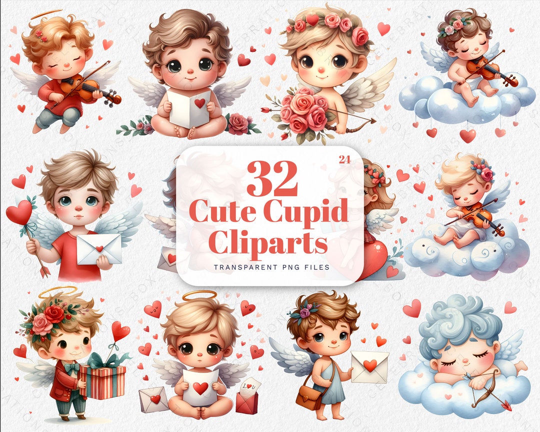 Cute Cupid Clipart Bundle Valentines Day PNG Watercolor Whimsical Cupid ...