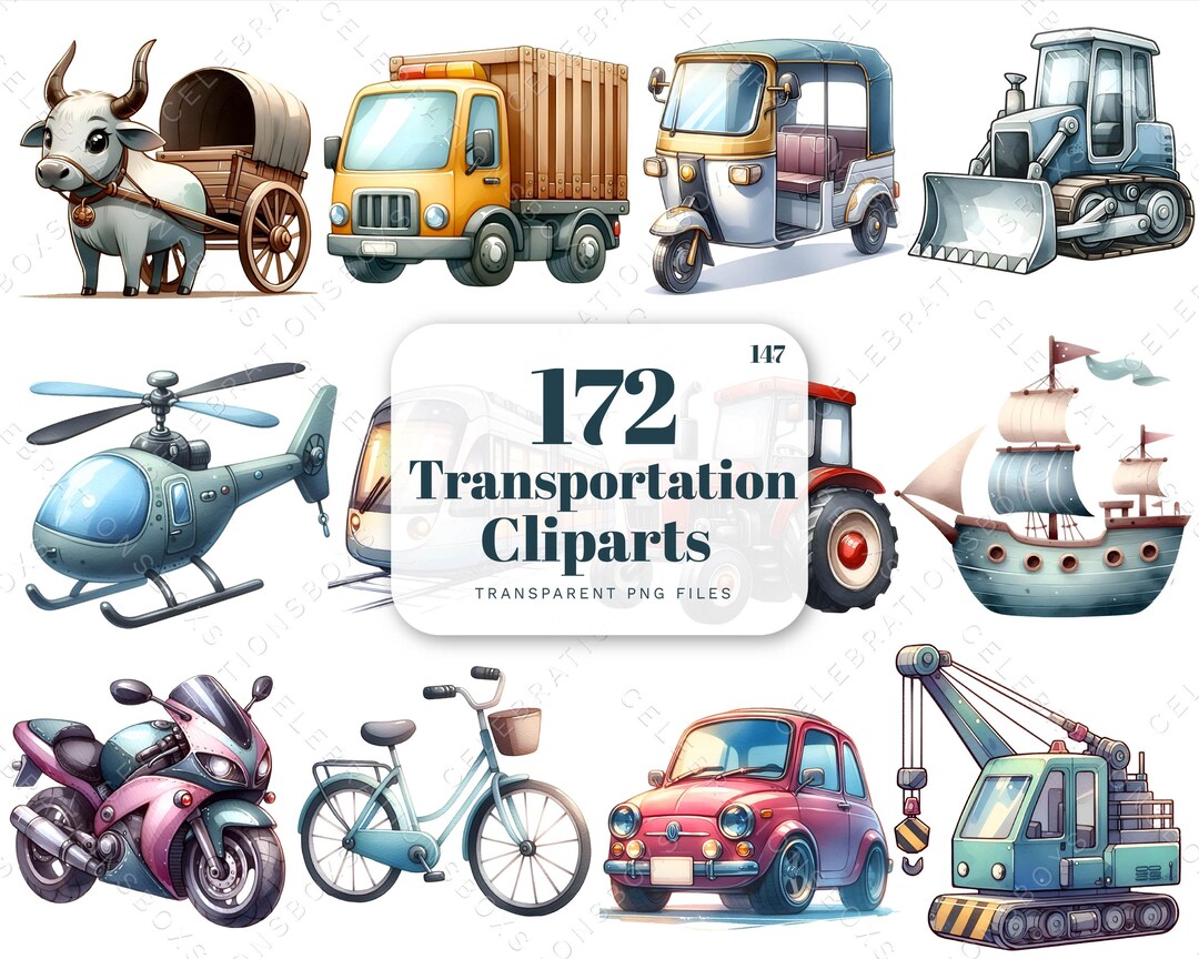 Transport Clipart Set Watercolor Public Transportation PNG Vehicle ...