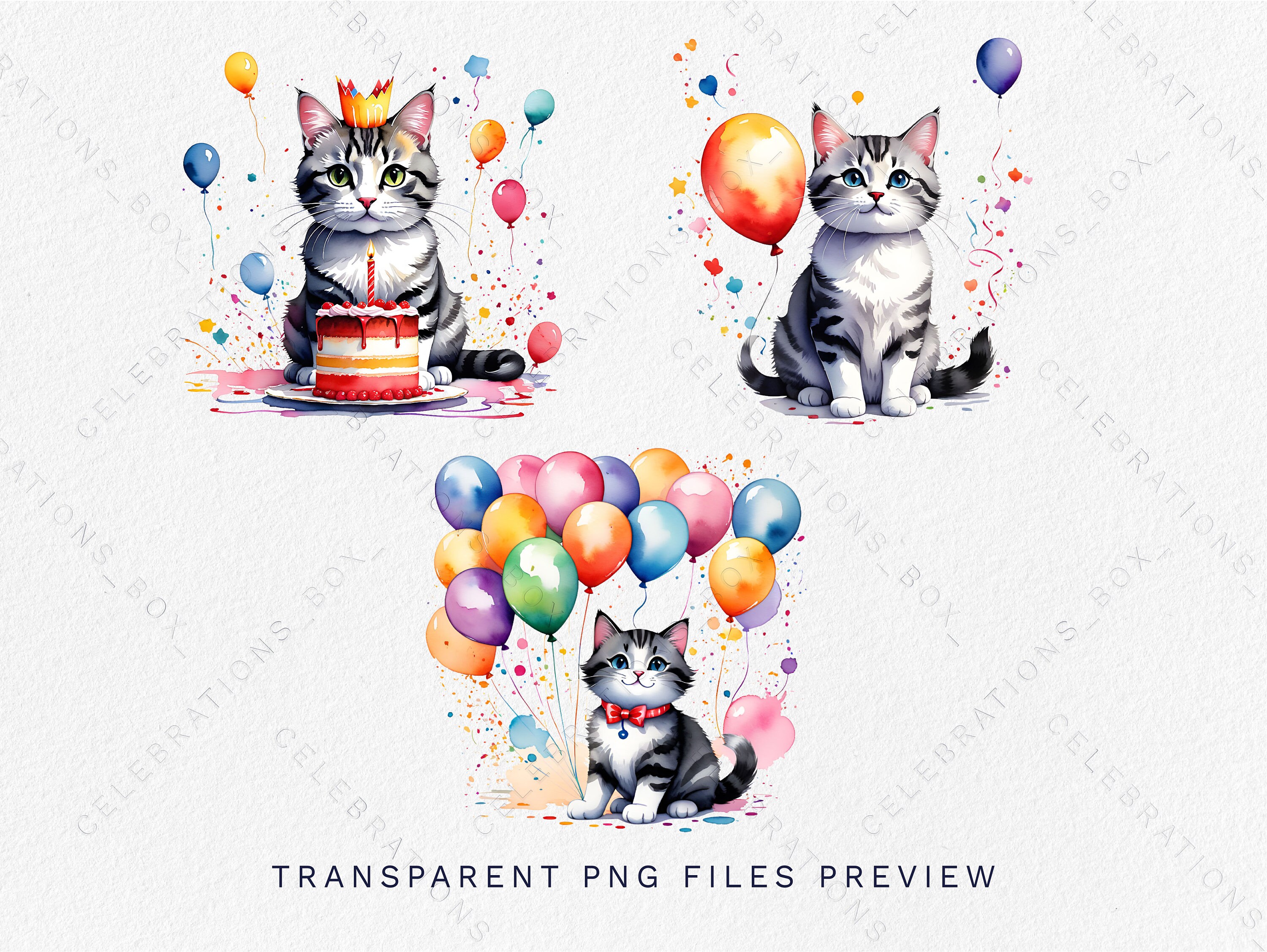 Watercolor Cat Birthday Clipart Graphics Bundle, Cute Kitten Cat ...
