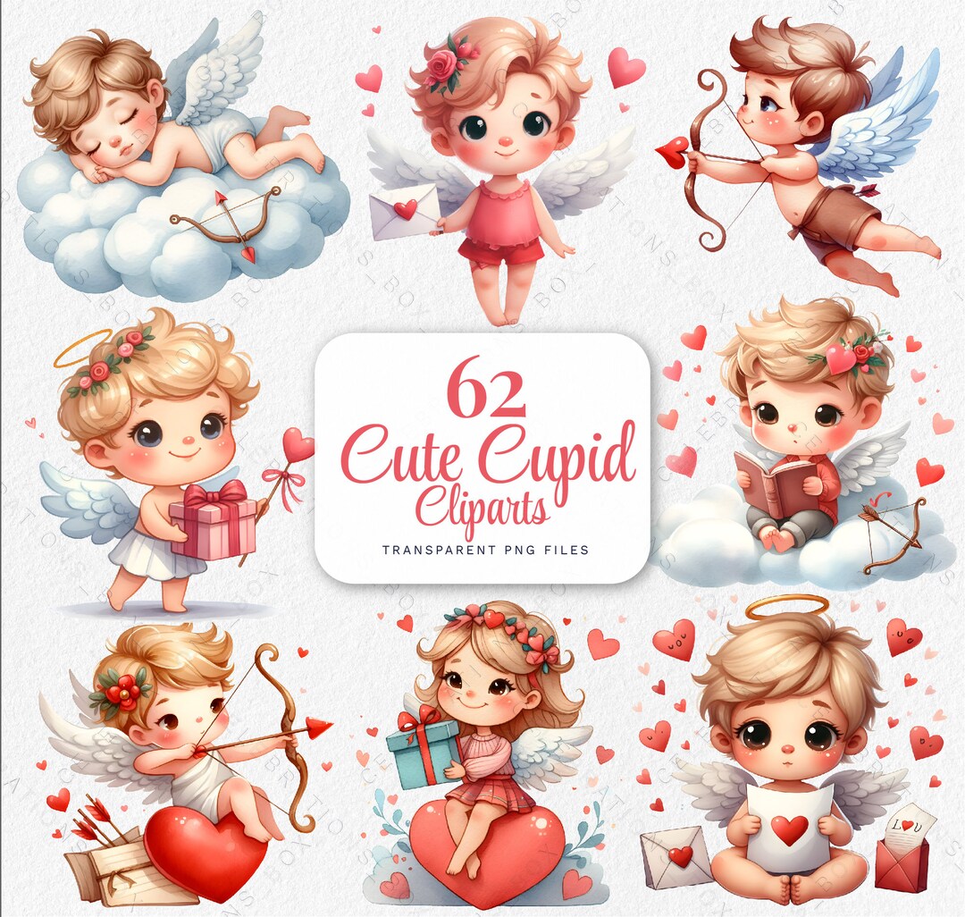 Cute Cupid Clipart Bundle Valentines Day PNG Watercolor Whimsical Cupid ...