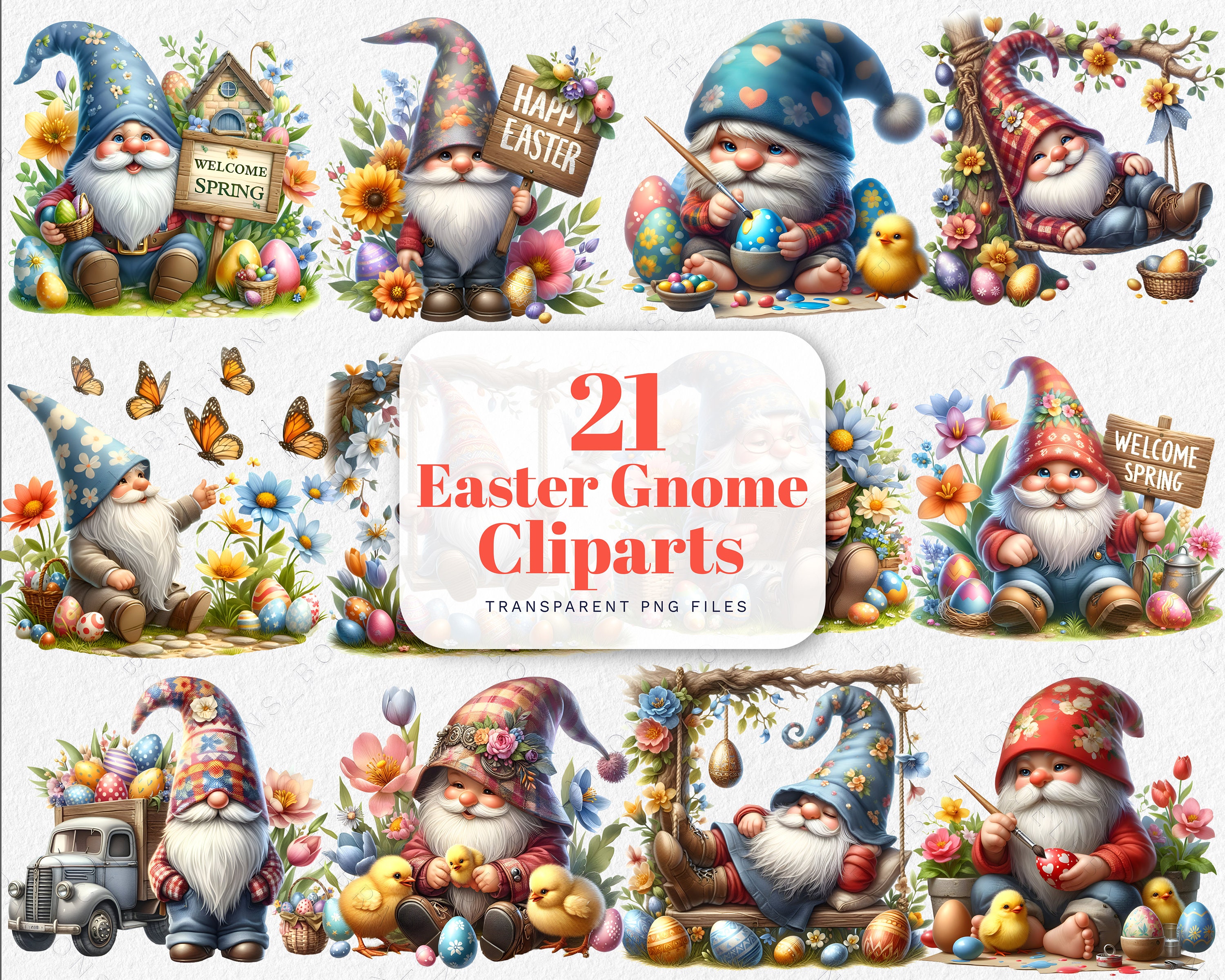Watercolor Easter Gnome Clipart Spring Garden Gnome Eggs Chick Graphics ...