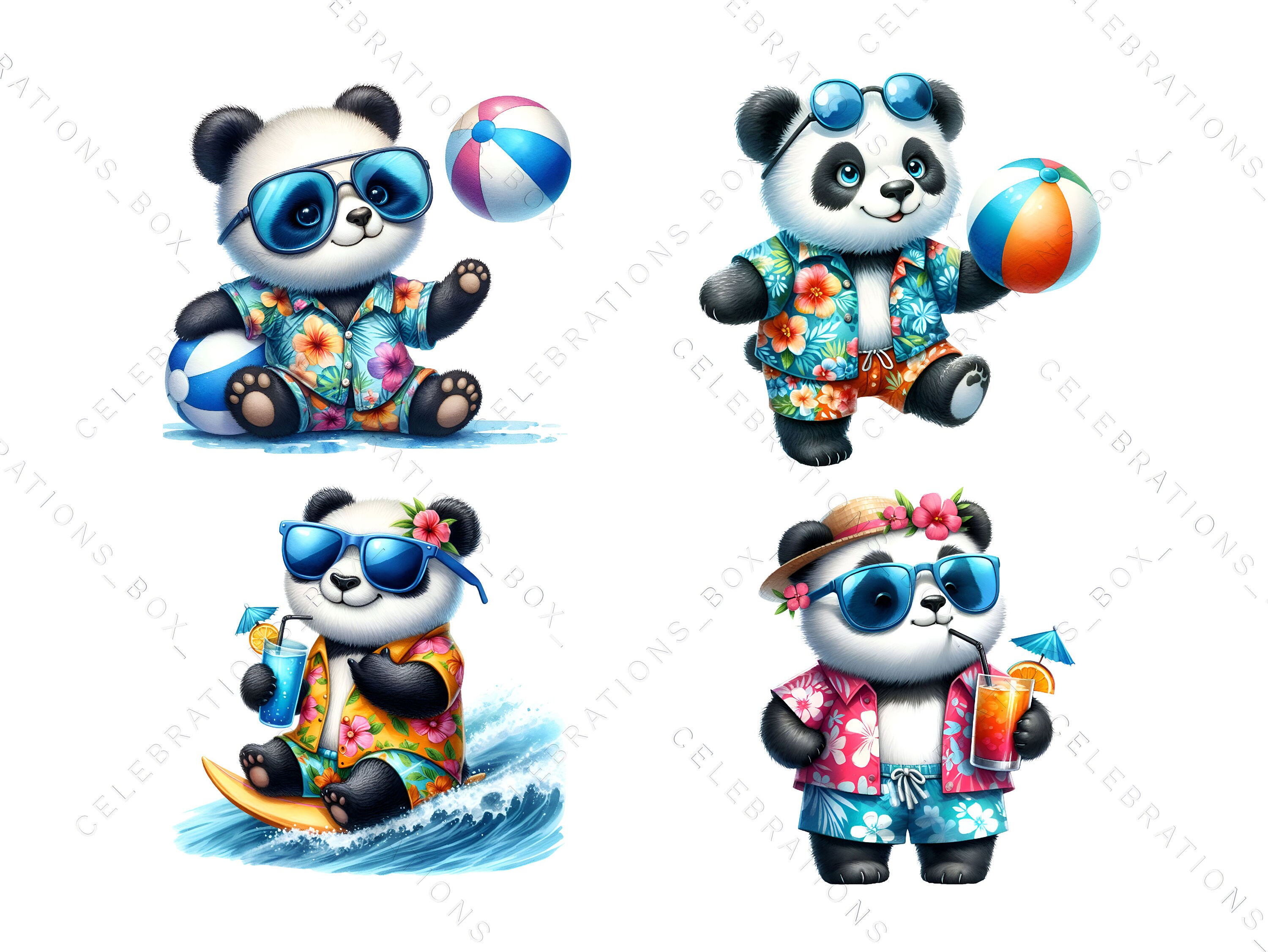 Watercolor Summer Animals Clipart, Panda Clipart, Summer Beach PNG ...