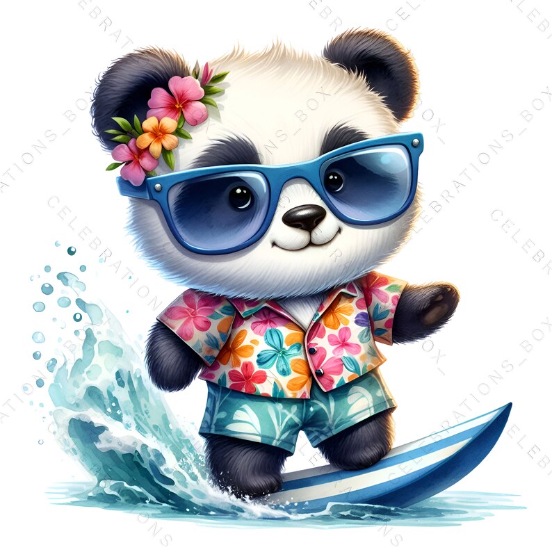 Watercolor Summer Animals Clipart, Panda Clipart, Summer Beach PNG ...