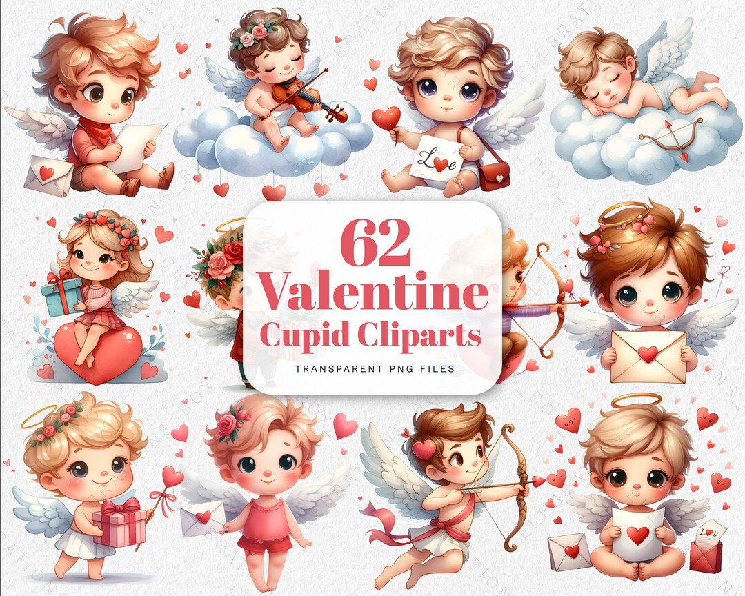 Cute Cupid Clipart Bundle Valentines Day PNG Watercolor Whimsical Cupid ...