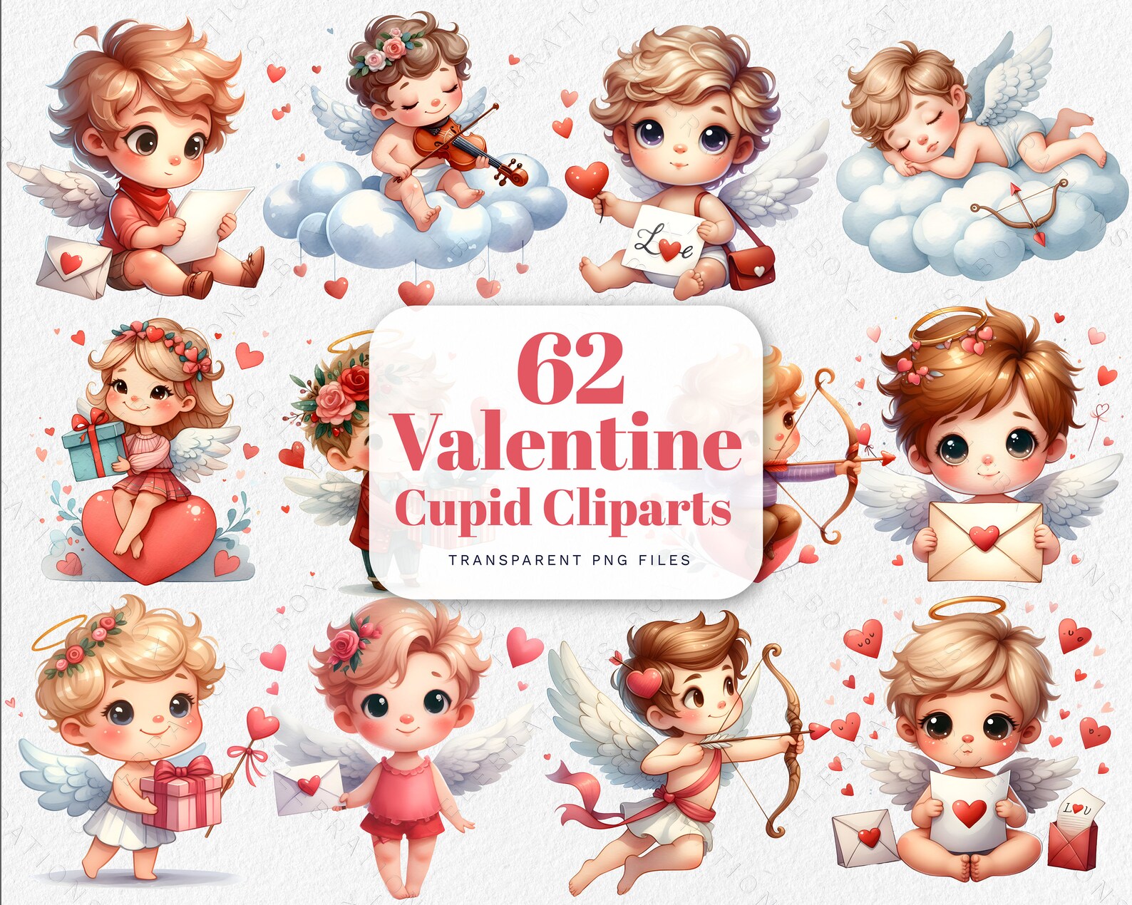 Cute Cupid Clipart Bundle Valentines Day PNG Watercolor Whimsical Cupid ...