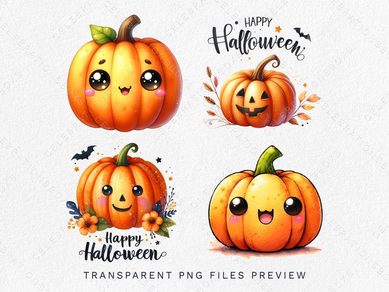 Watercolor Halloween Cute Pumpkin Clipart, Kawaii Pumpkin Clipart, Fall ...