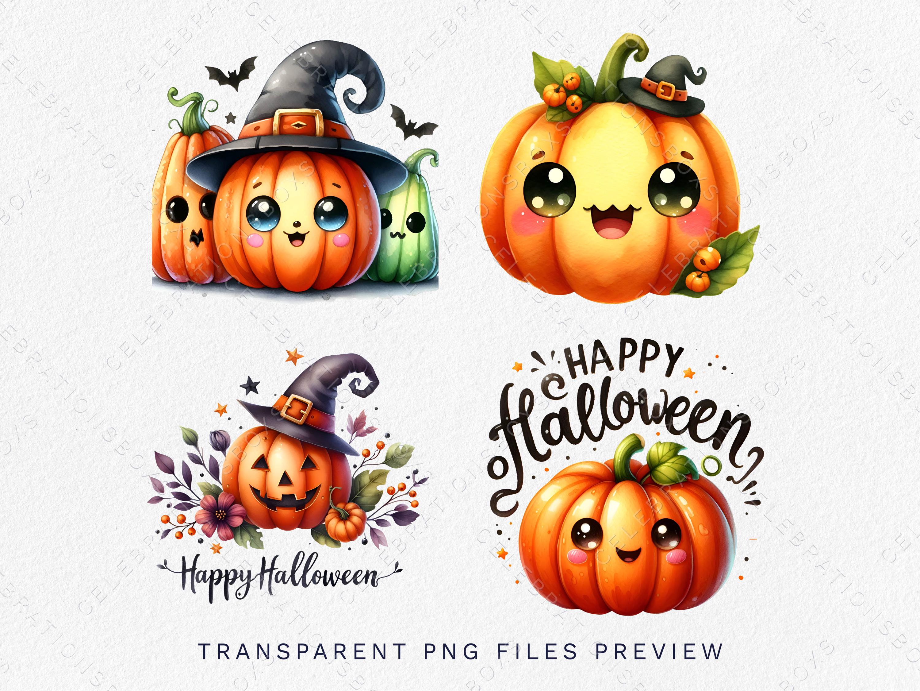 Watercolor Halloween Cute Pumpkin Clipart, Kawaii Pumpkin Clipart, Fall ...