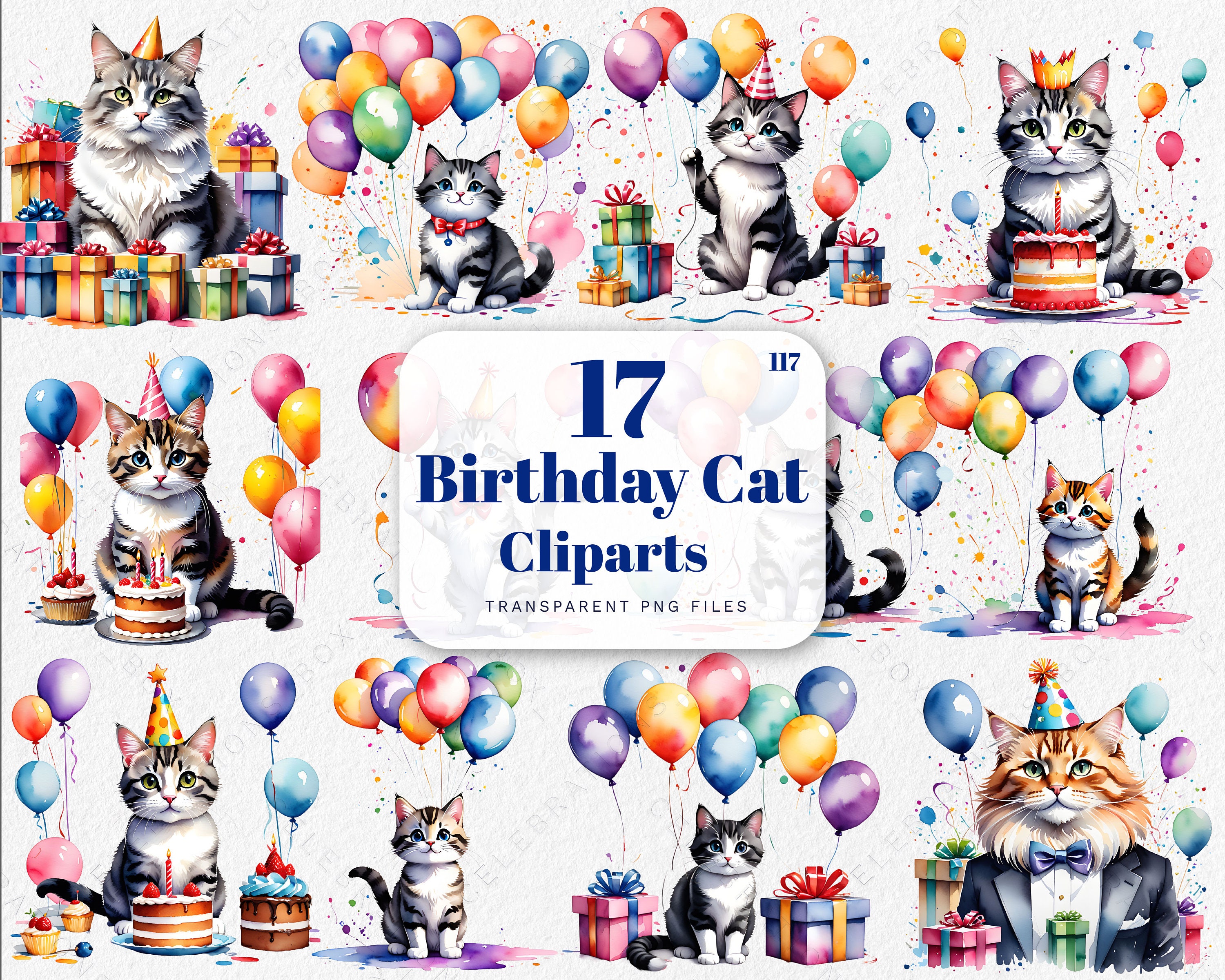 Watercolor Cat Birthday Clipart Graphics Bundle, Cute Kitten Cat ...