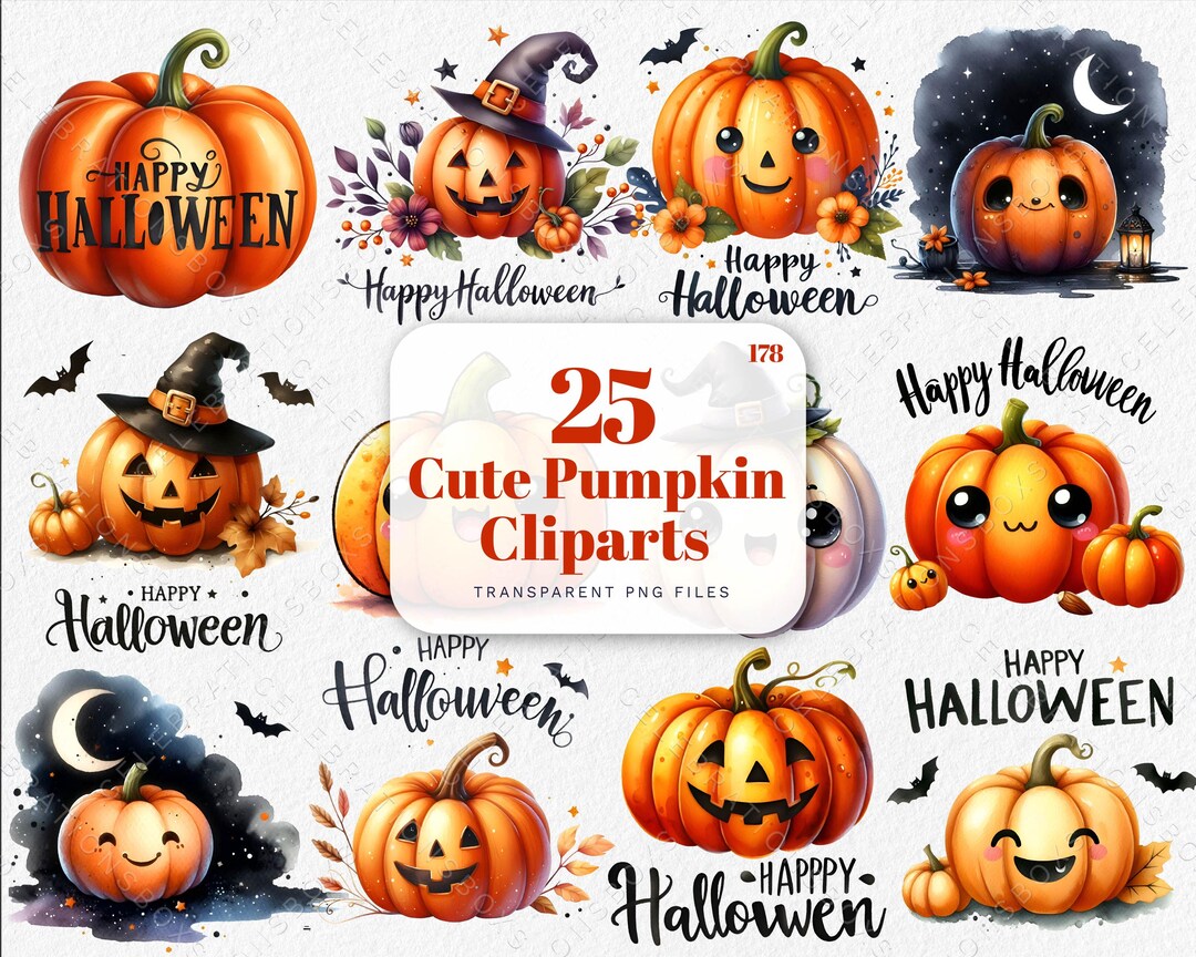 Watercolor Halloween Cute Pumpkin Clipart, Kawaii Pumpkin Clipart, Fall ...