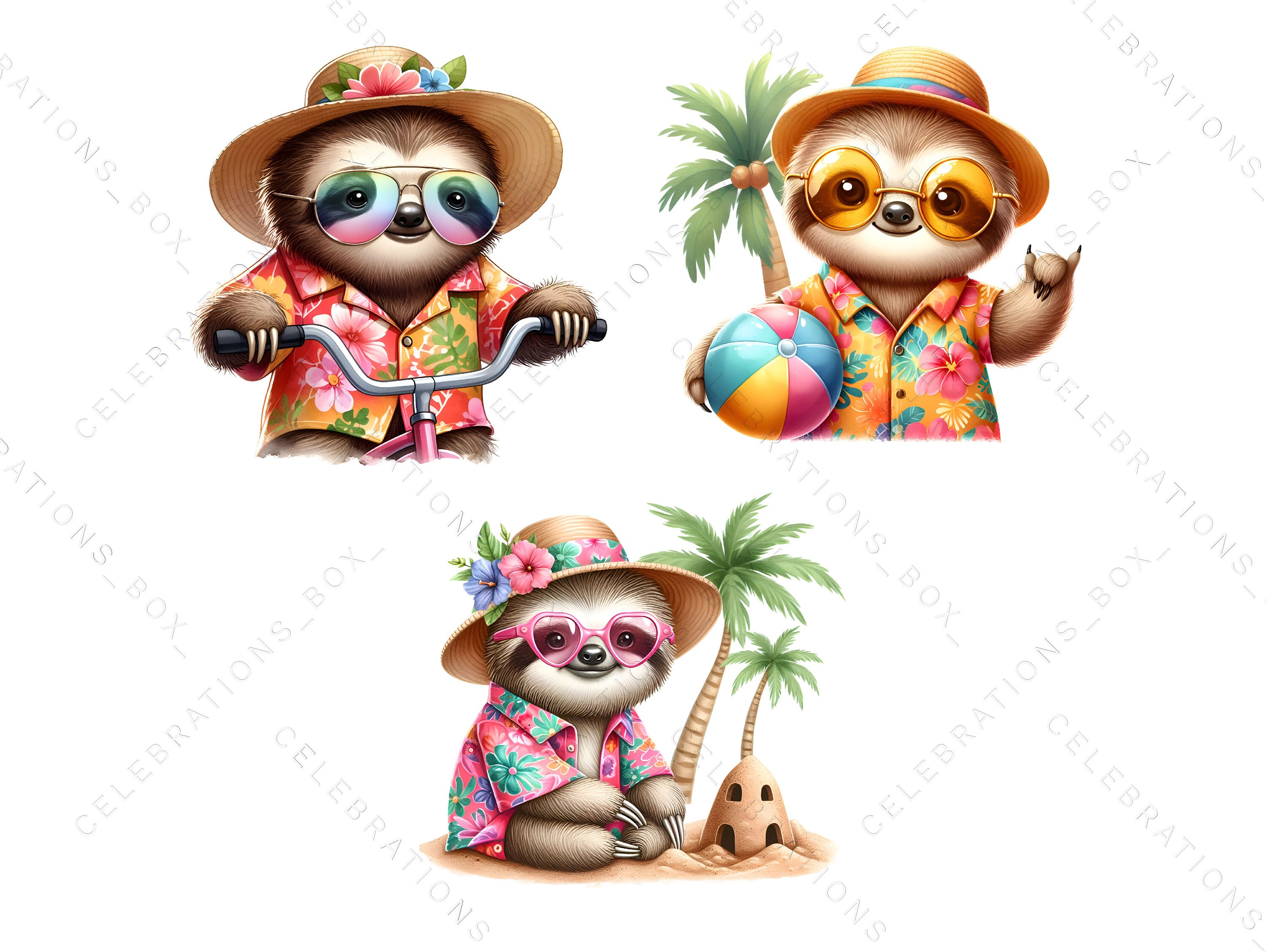 Summer Animals Clipart, Sloth Clipart, Summer Beach PNG, Ocean Graphics ...