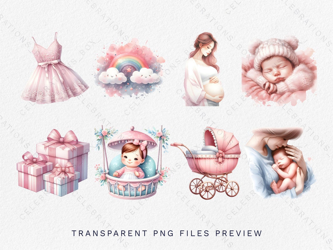 Its a Girl Babyshower Clipart Watercolor Pink Baby Shower PNG Newborn ...