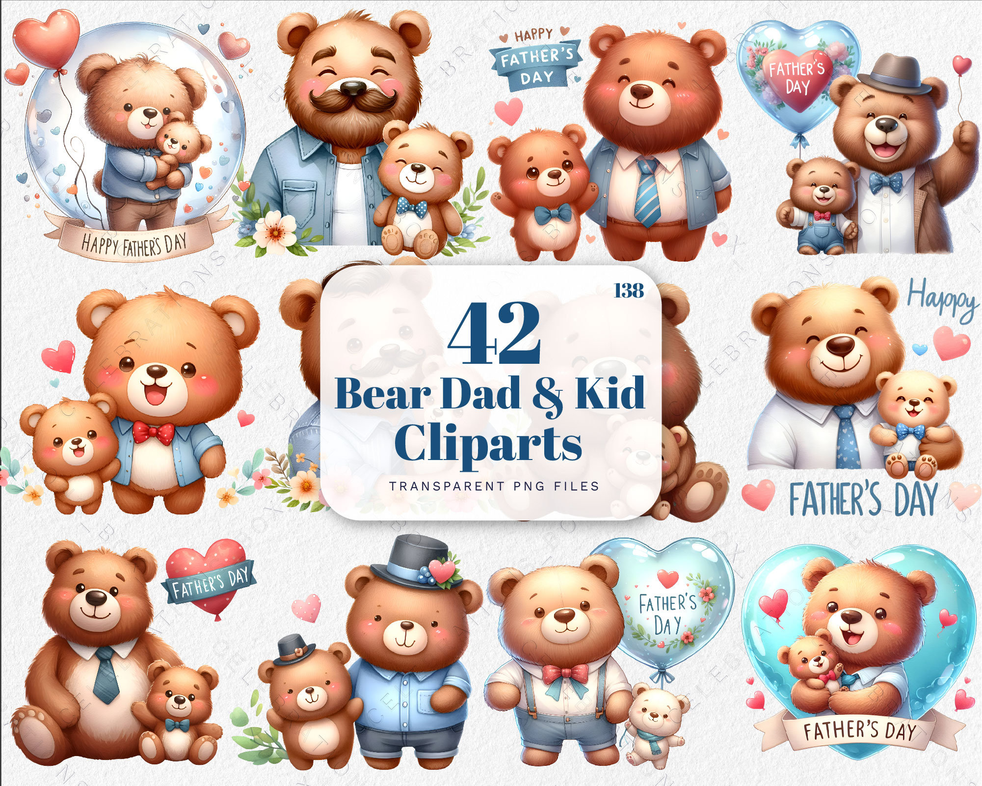 Happy Fathers Day Clipart Bundle, Watercolor Cute Bear Daddy and Me ...