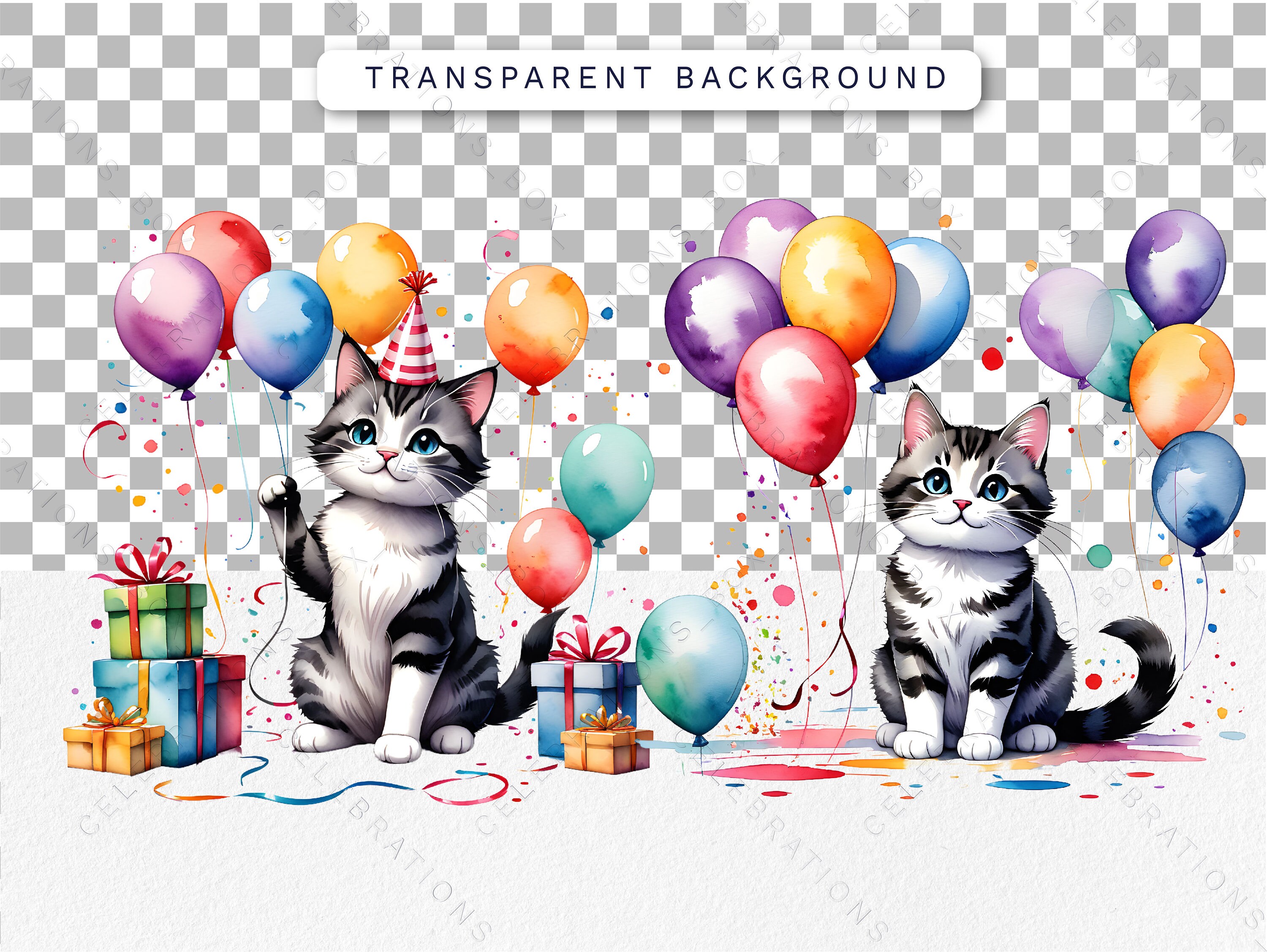Watercolor Cat Birthday Clipart Graphics Bundle, Cute Kitten Cat ...