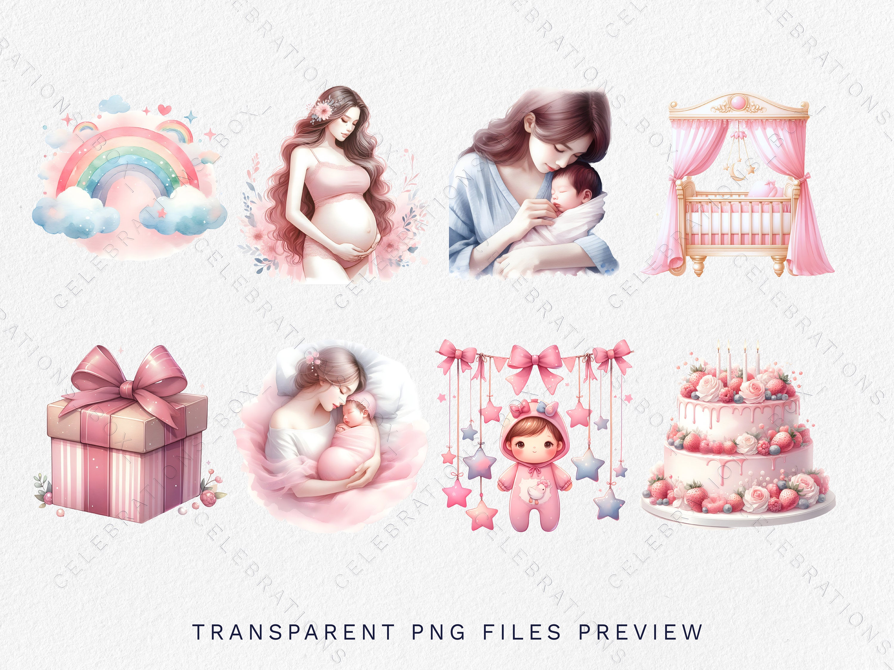 Pink Baby Shower Clipart Watercolor Newborn Gender Reveal Clipart ...