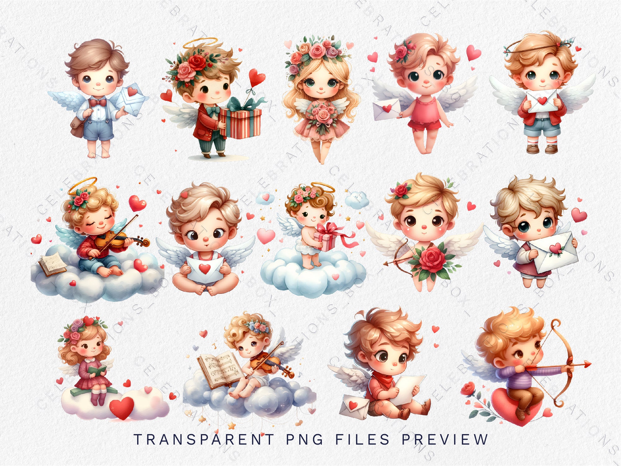 Cute Cupid Clipart Bundle Valentines Day PNG Watercolor Whimsical Cupid ...