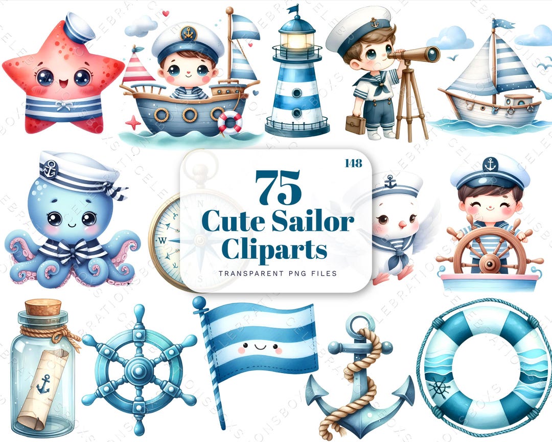 Cute Sailor Clipart, Sailor Boy Clipart, Lighthouse Clipart, Dolphin ...