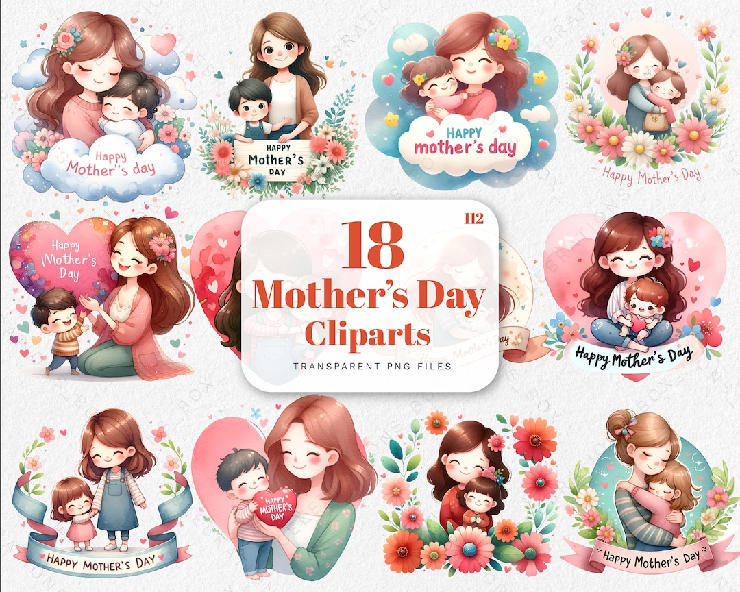 Watercolor Cute Happy Mother's Day Clipart Mom and Baby Graphics Love ...