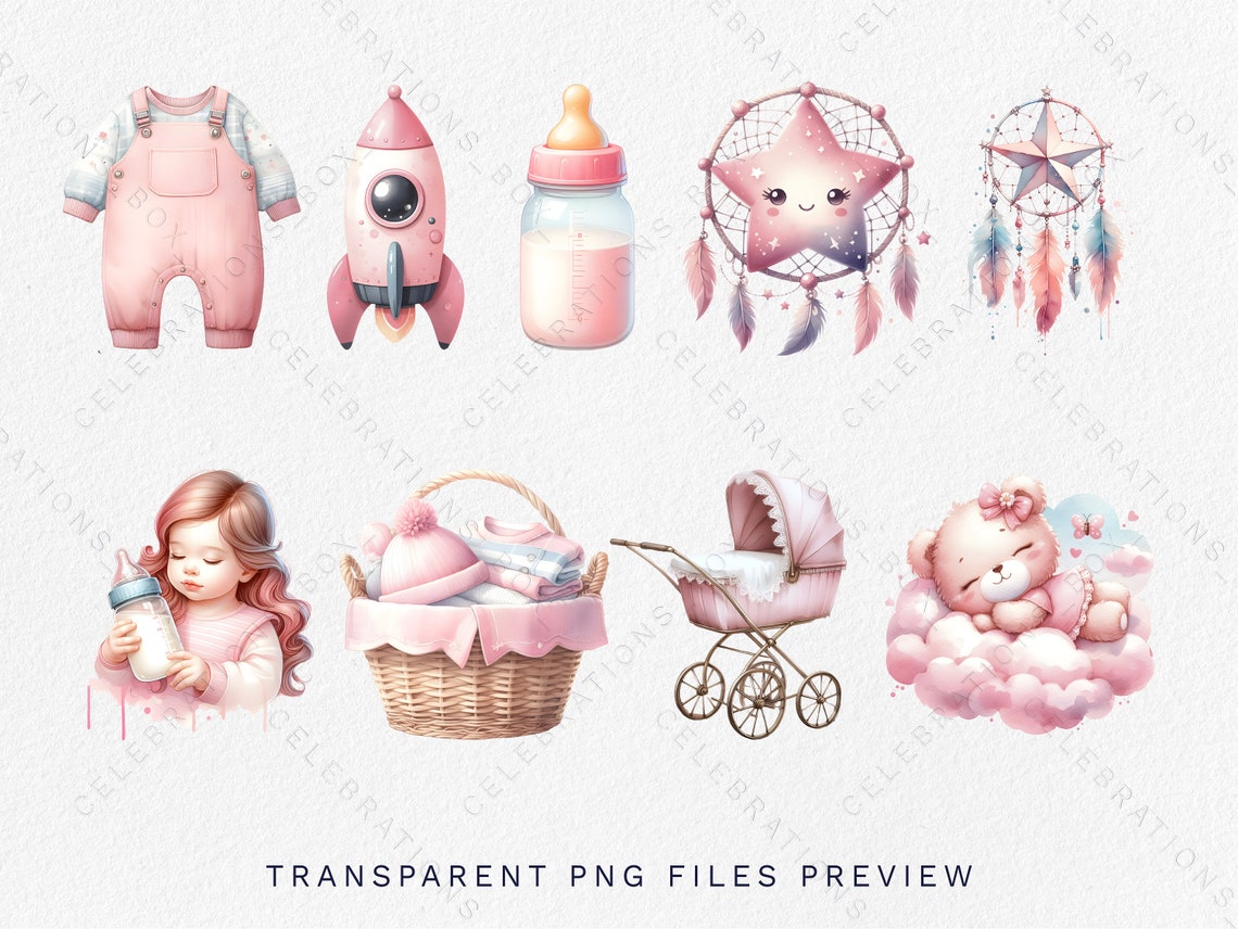 Its a Girl Babyshower Clipart Watercolor Pink Baby Shower PNG Newborn ...